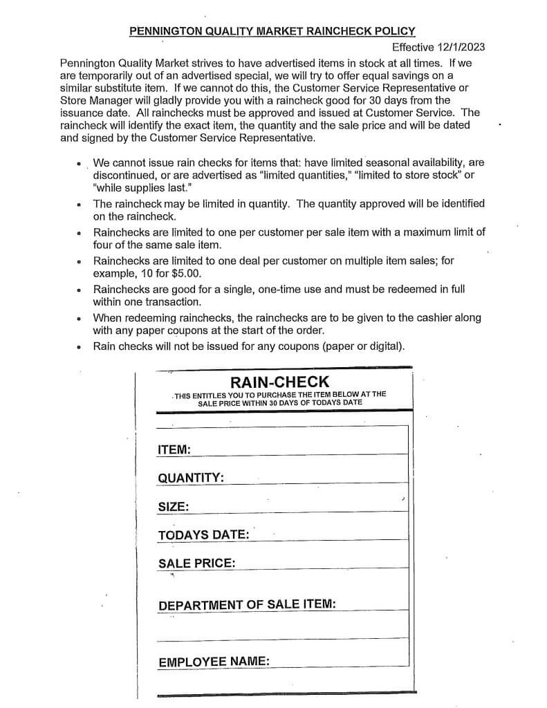 Raincheck Policy - Pennington Quality Market IGA